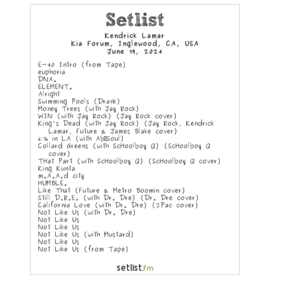 Kendrick Lamar Live Debuts Drake Disses in Juneteenth Beatdown | setlist.fm